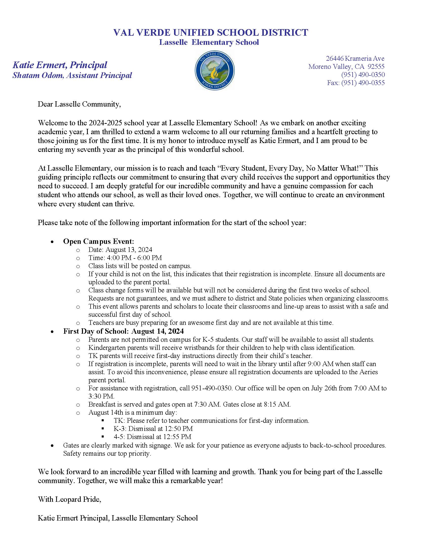 Principal's Corner - Lasselle Elementary