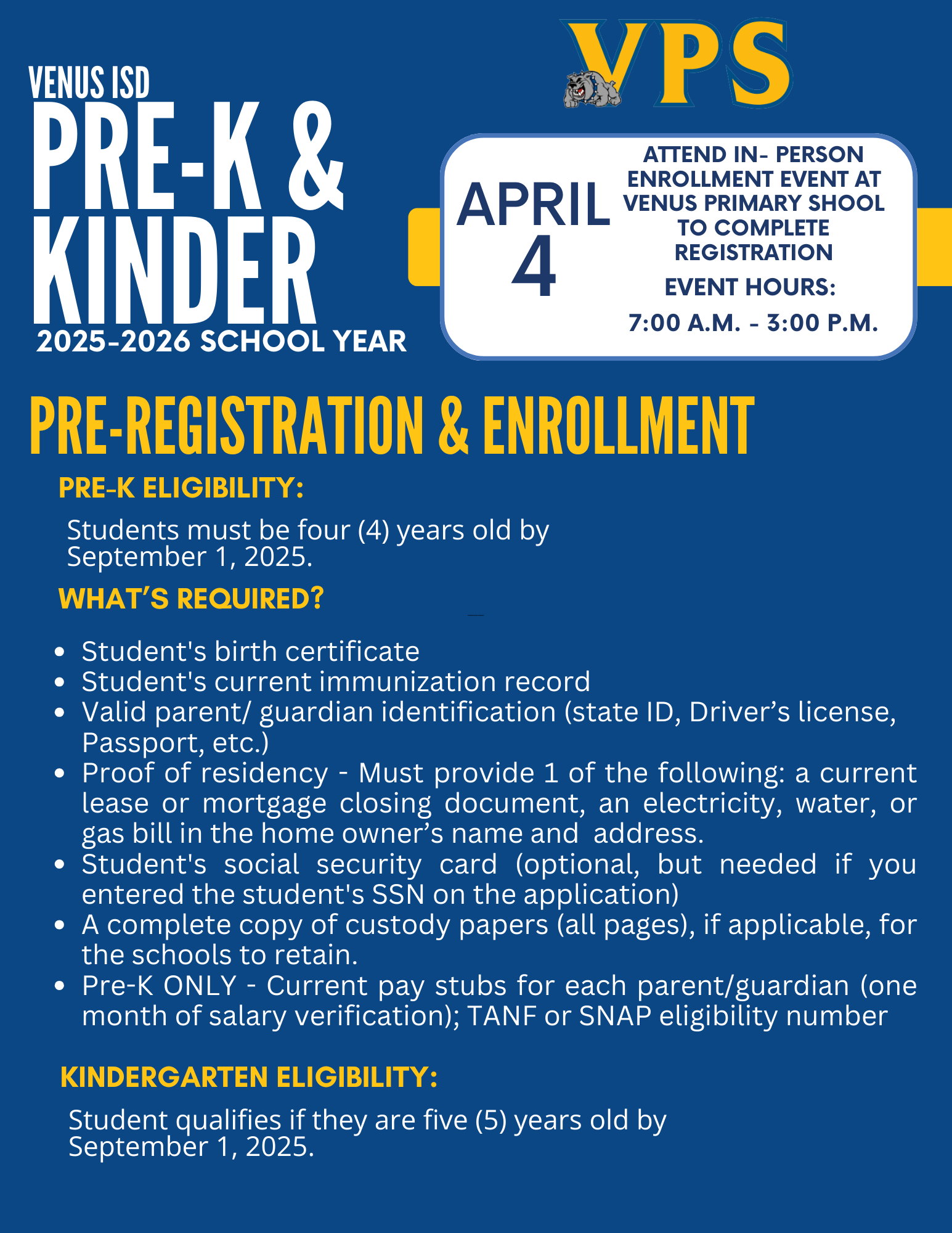 Pre-K and Kindergarten Registration - Venus Primary School
