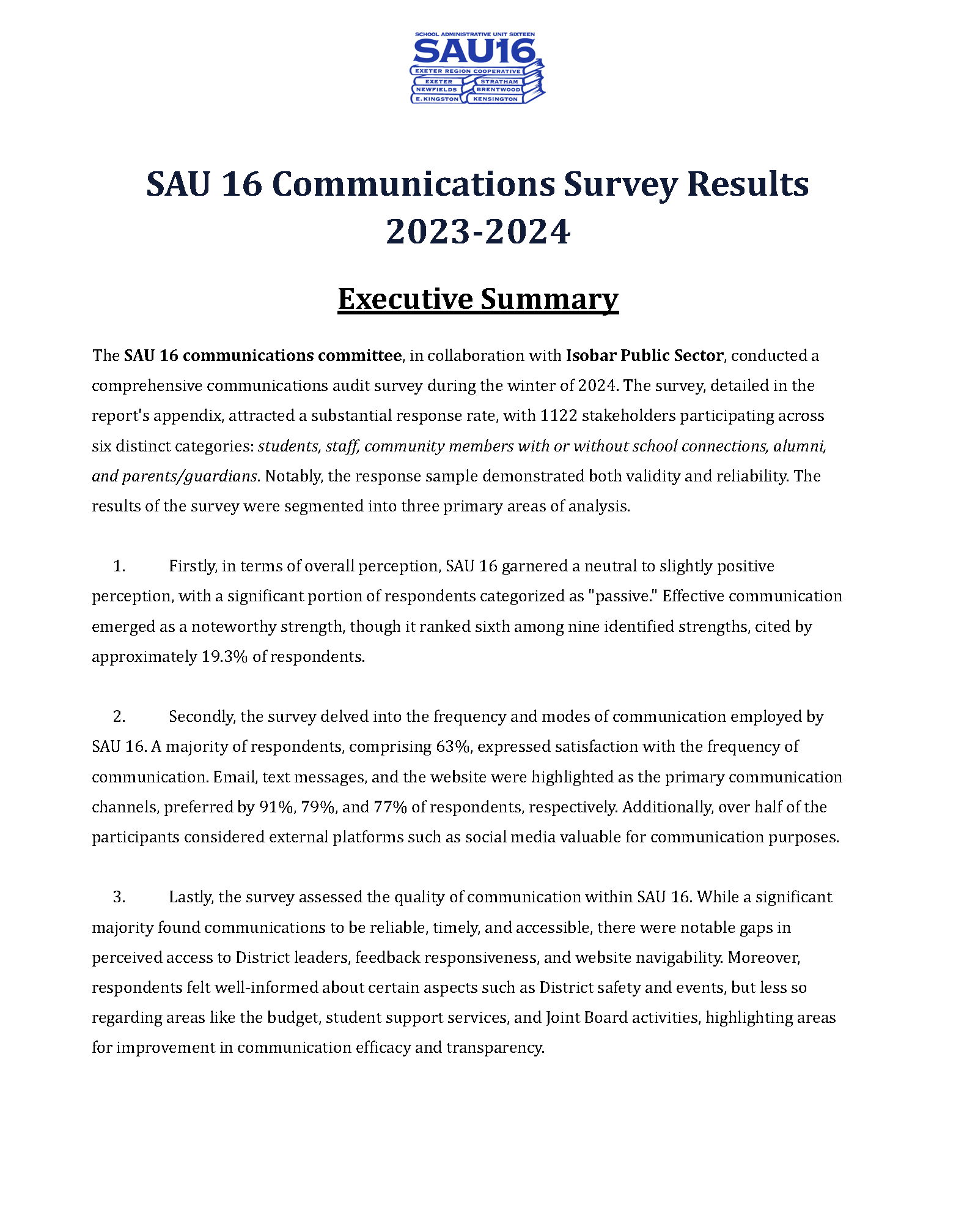 COMMUNICATIONS FROM THE SUPERINTENDENT'S OFFICE - SAU 16 - Exeter NH
