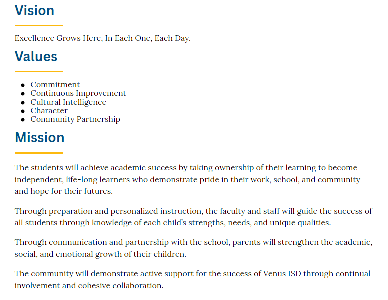 About VISD - Venus Independent School District